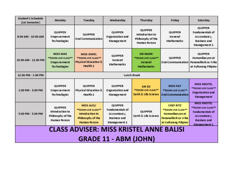 Abm 11 Student's Schedule | PDF | Science