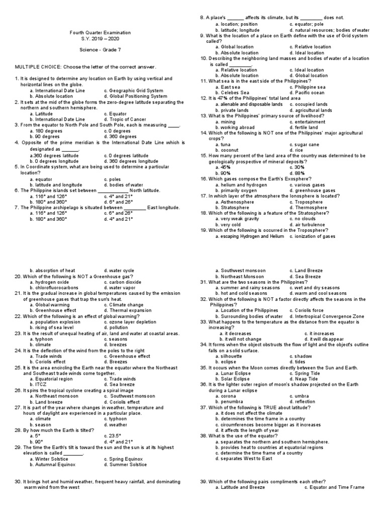 Science - Grade 7 MULTIPLE CHOICE: Choose The Letter of The Correct ...