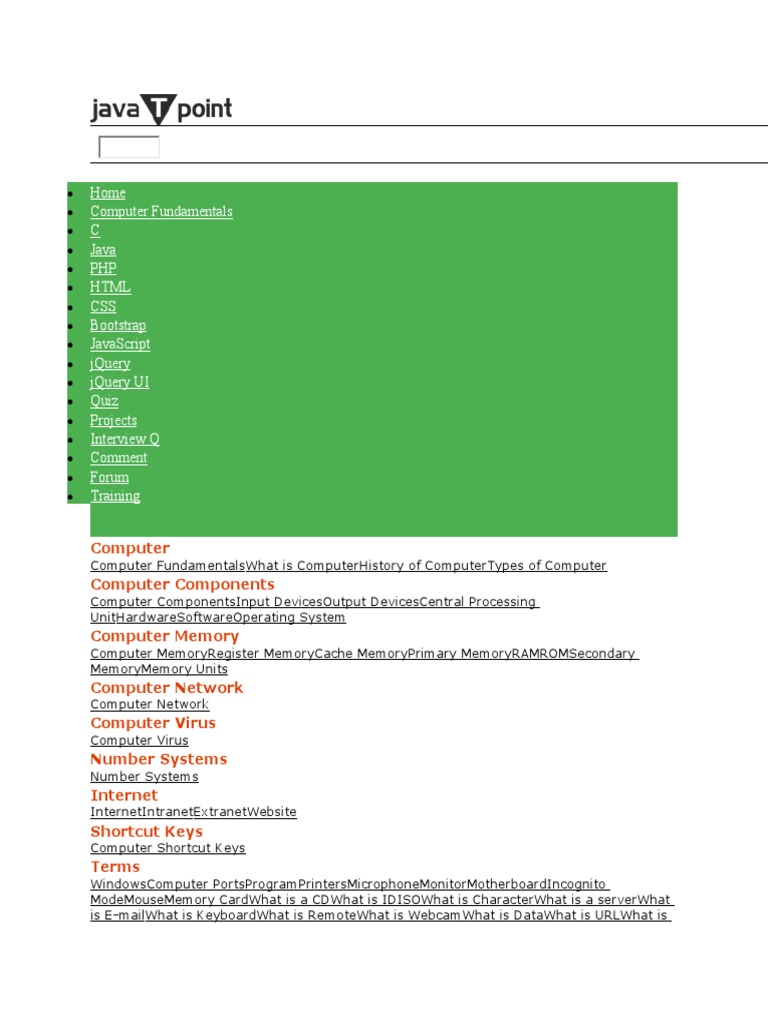 Home Computer Fundamentals C Java PHP HTML Css Bootstrap Javascript Jquery Jquery Ui Quiz ...