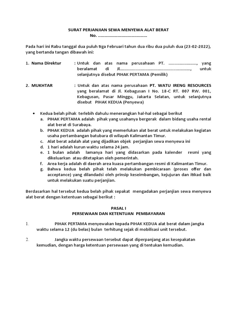 Surat Perjanjian Sewa Alat Berat | PDF