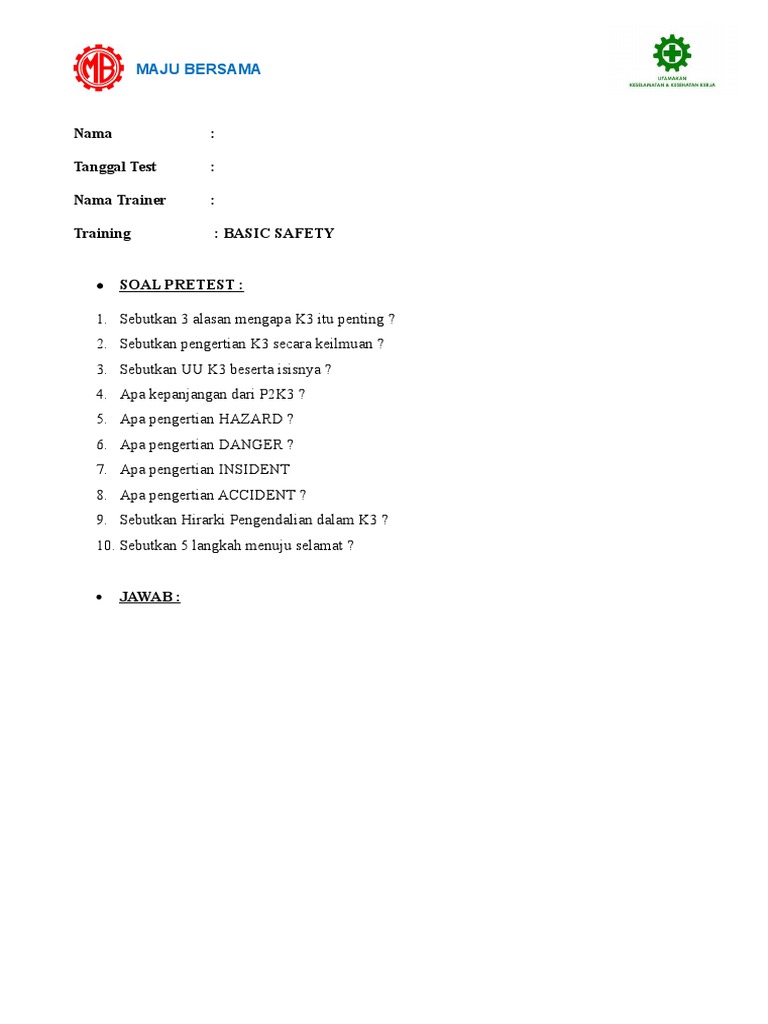 Soal Training Basic Safety | PDF