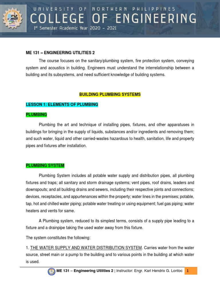Engineering Utilities 2 - Learning Material 1 | PDF | Plumbing | Water