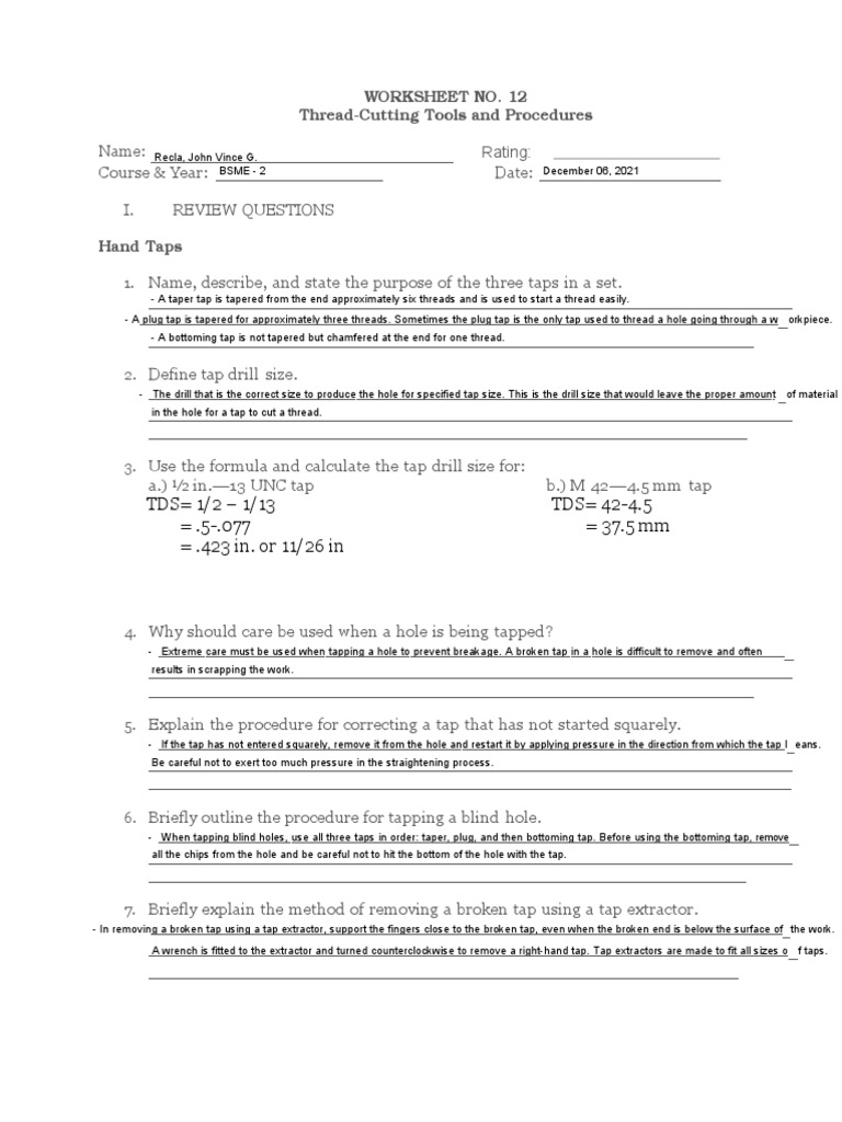 TVET 1 Worksheet 12 Alontaga | PDF | Machining | Crafts