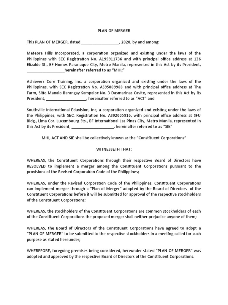 Plan of Merger | PDF | Mergers And Acquisitions | Corporations