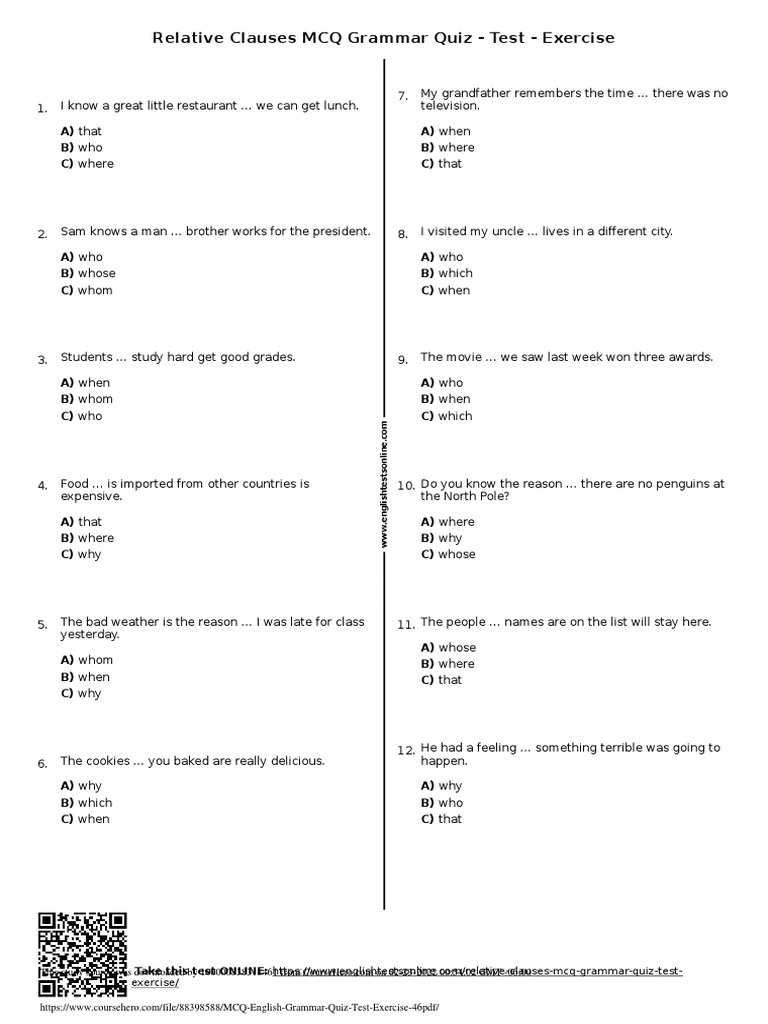 MCQ English Grammar Quiz Test Exercise 46 PDF | PDF