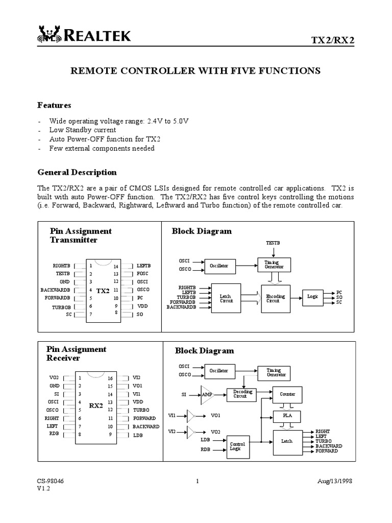 TX2/RX2 Remote Controller With Five Functions: Features | PDF ...