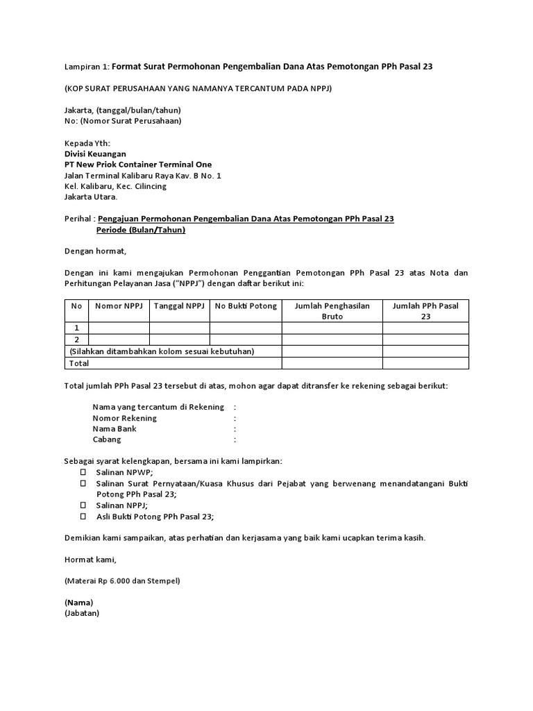 Lampiran 1 Format Surat Permohonan Pengembalian Dana Atas Pemotongan ...