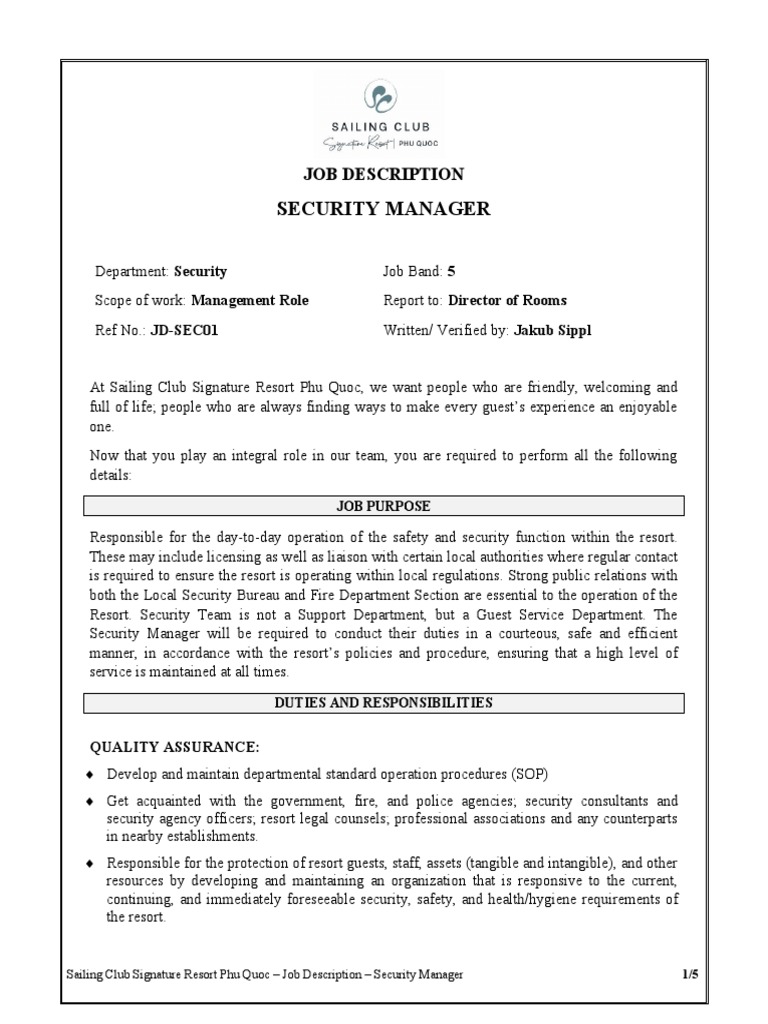 Security Manager Job Description | PDF | Occupational Safety And Health ...