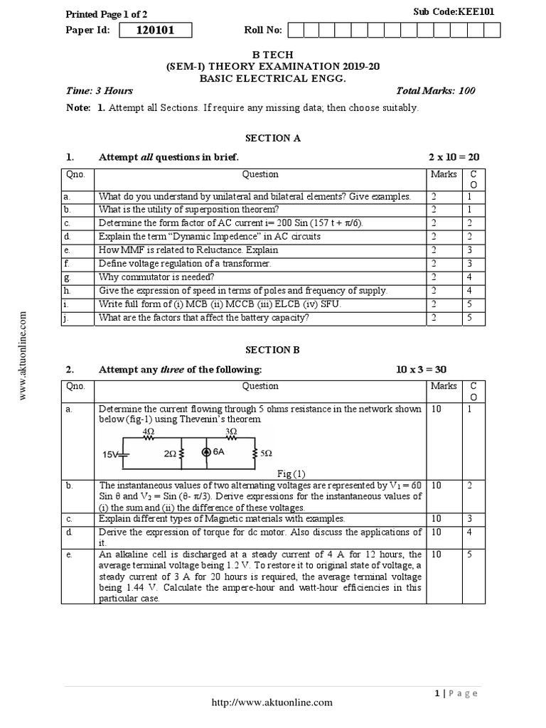 B.Tech Basic Electrical Engineering Exam 2019-20 | PDF | Electric Motor ...