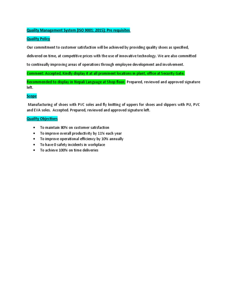 Quality Management System (ISO 9001: 2015) : Pre Requisites Quality ...