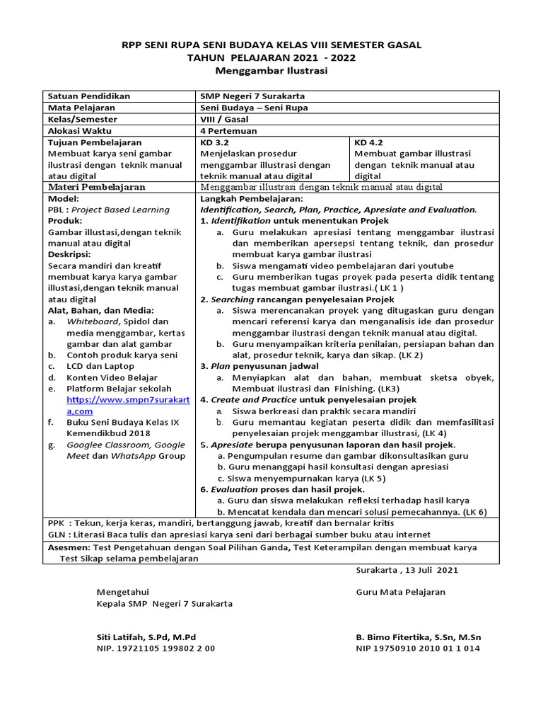 RPP Senii Rupa 8 Menggambar Ilustrasi | PDF