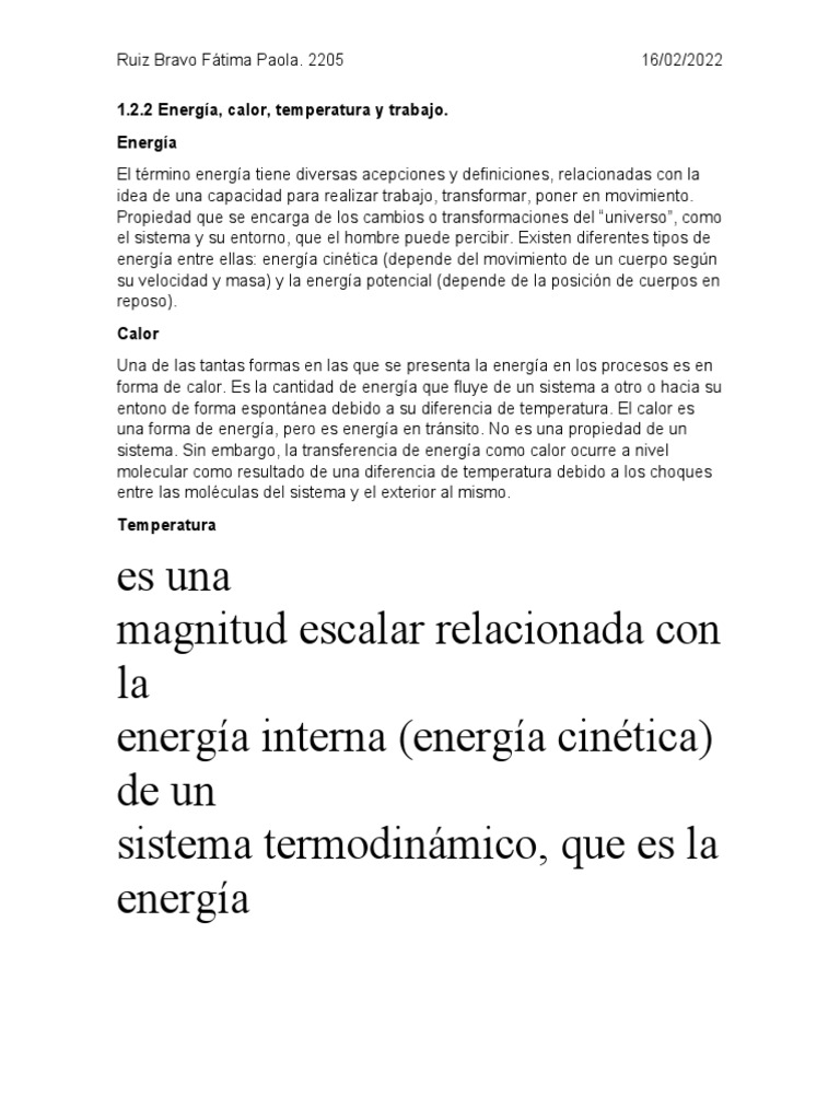 Energia, Calor, Temperatura y Trabajo | PDF | Temperatura | Calor