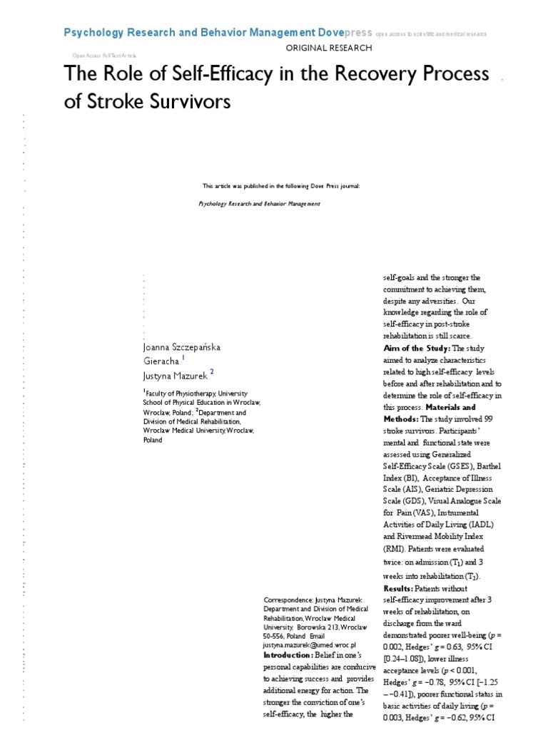 The Role of Self-Efficacy in The Recovery Process of Stroke Survivors ...