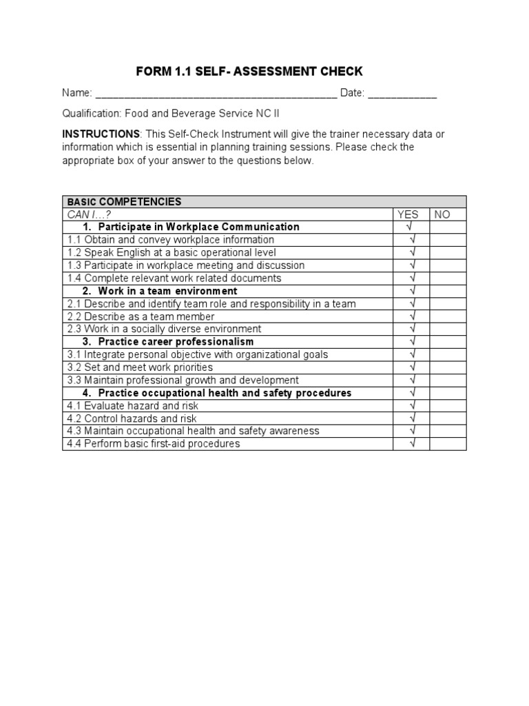 Form 1.1 Self Assessment Check | PDF | Occupational Safety And Health ...