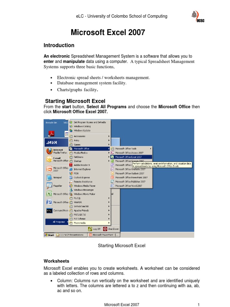 Excel 2007 User Manual Final Version | PDF | Spreadsheet | Microsoft Excel