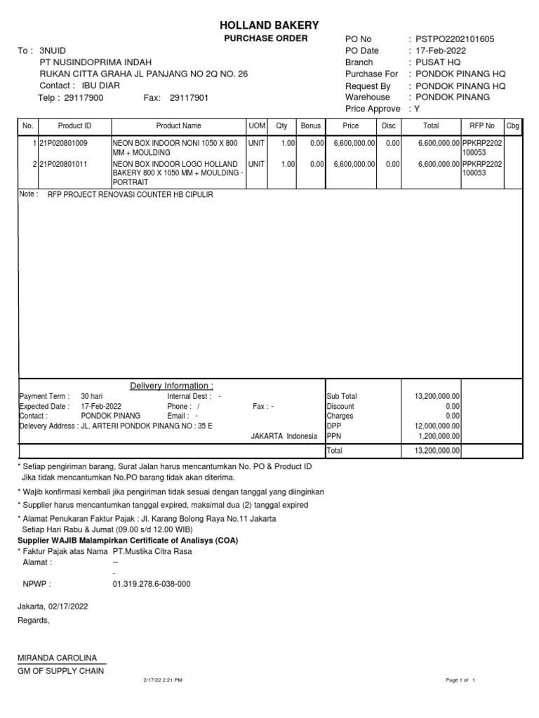 Holland Bakery: Purchase Order | PDF