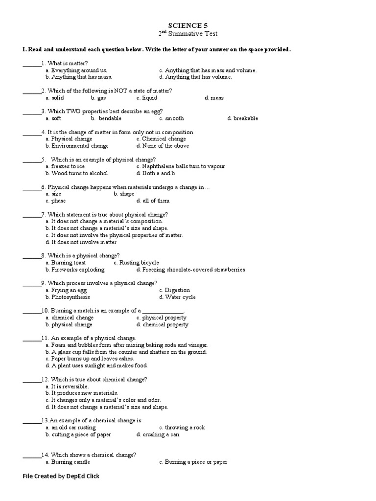 SCIENCE 5 Summative Test 2 | PDF | Matter | Combustion