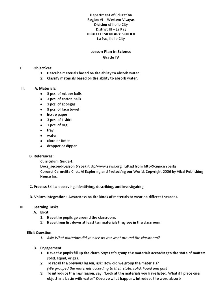 Lesson Plan in Science Grade IV | PDF | Water | Behavior Modification