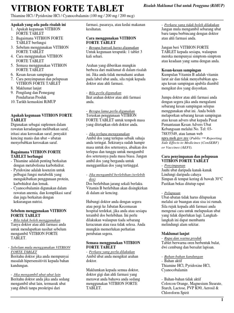 Vitbion Forte Tablet Thiamine HCL Pyridoxine HCL Cyanocobalamin ...
