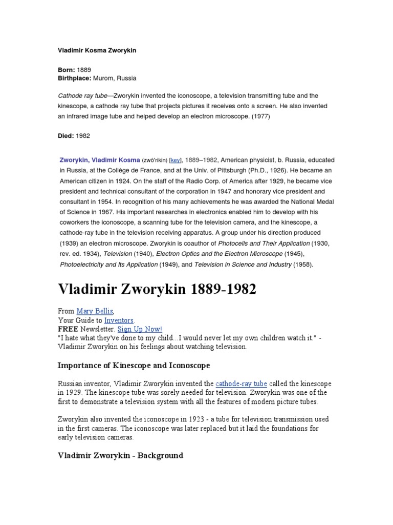 Vladimir Kosma Zworykin | Television | Rca