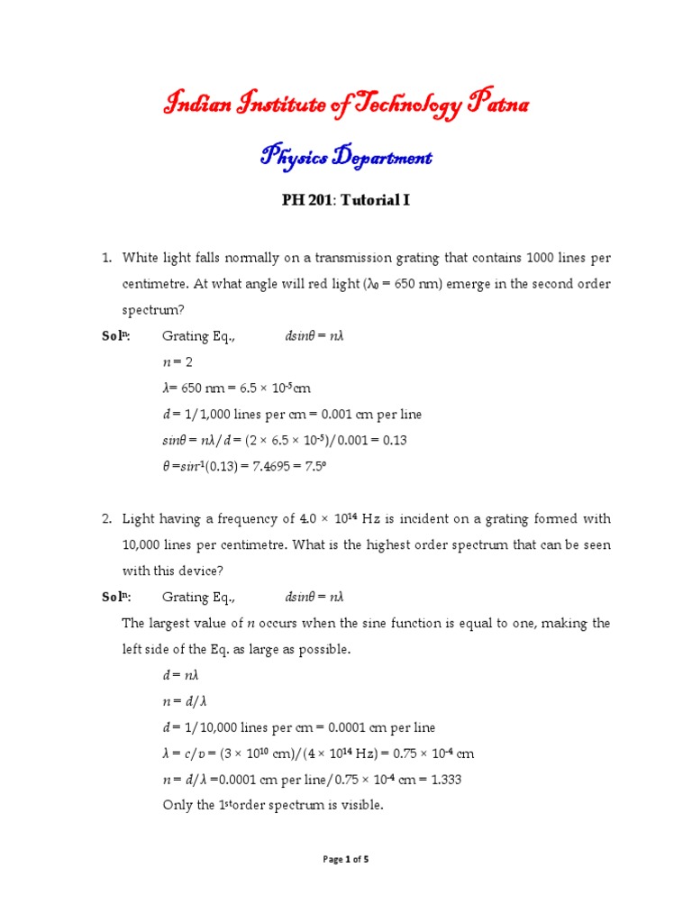 Tutorial With Solution - Diffraction | PDF | Diffraction | Wavelength