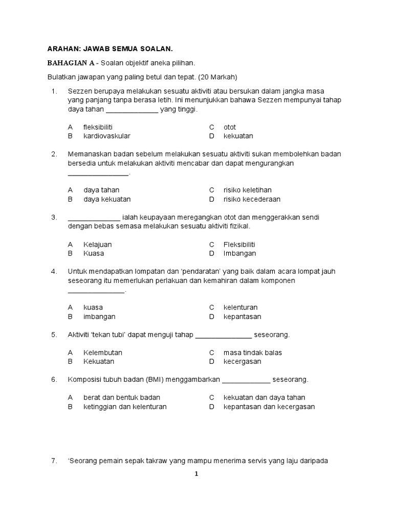 Arahan: Jawab Semua Soalan. BAHAGIAN A - Soalan Objektif Aneka Pilihan | PDF