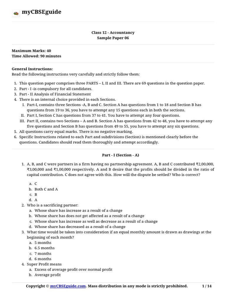 Mycbseguide: Class 12 - Accountancy Sample Paper 06 | PDF | Balance ...