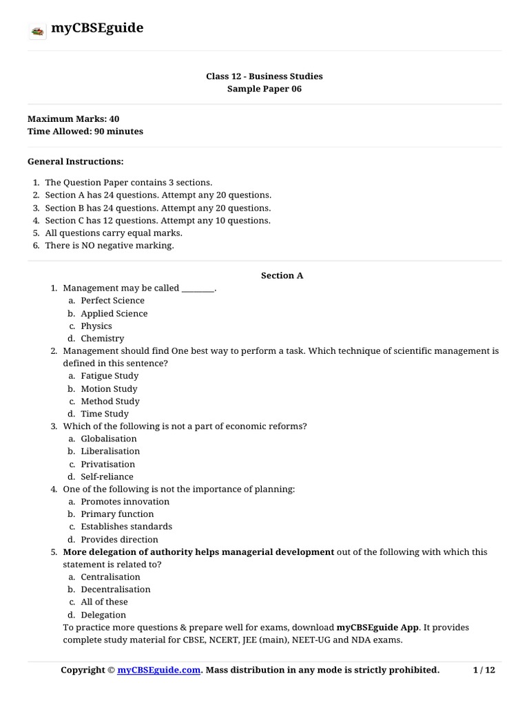 Mycbseguide: Class 12 - Business Studies Sample Paper 06 | PDF ...