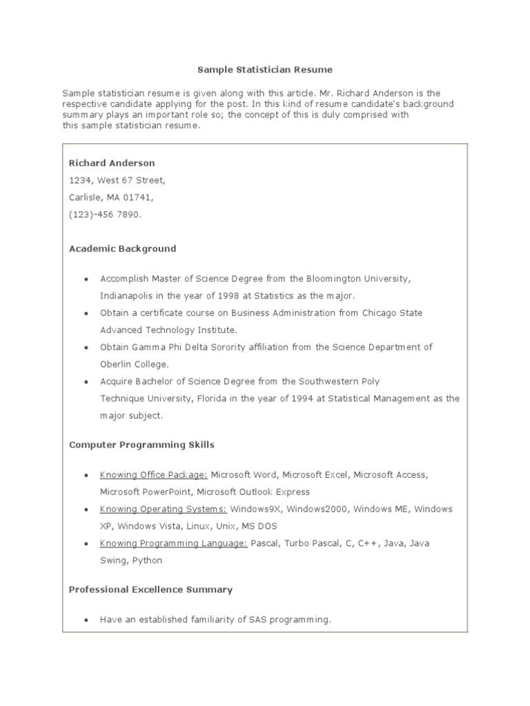 Sample Statistician Resume | PDF | Statistics | Computing