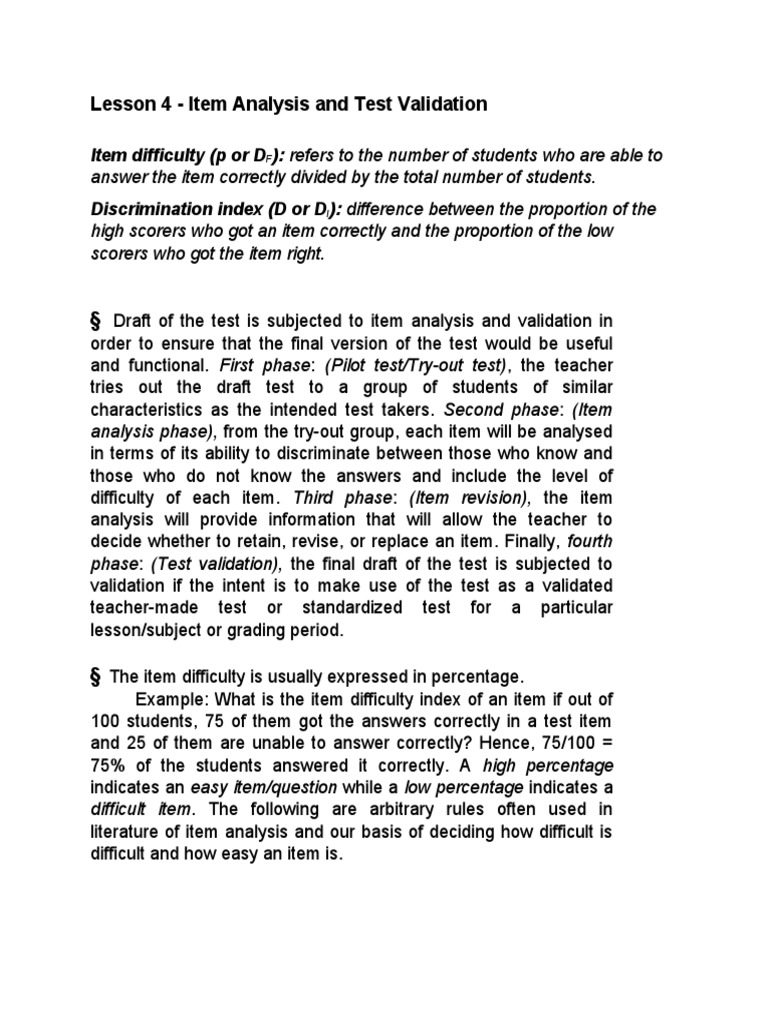 Lesson 4 - Item Analysis and Test Validation | PDF | Test (Assessment ...