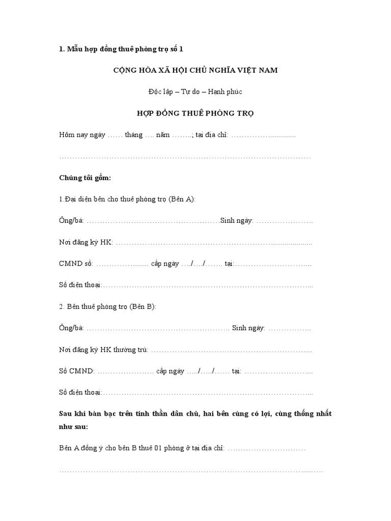 Mau Hop Dong Thue Phong Tro | PDF