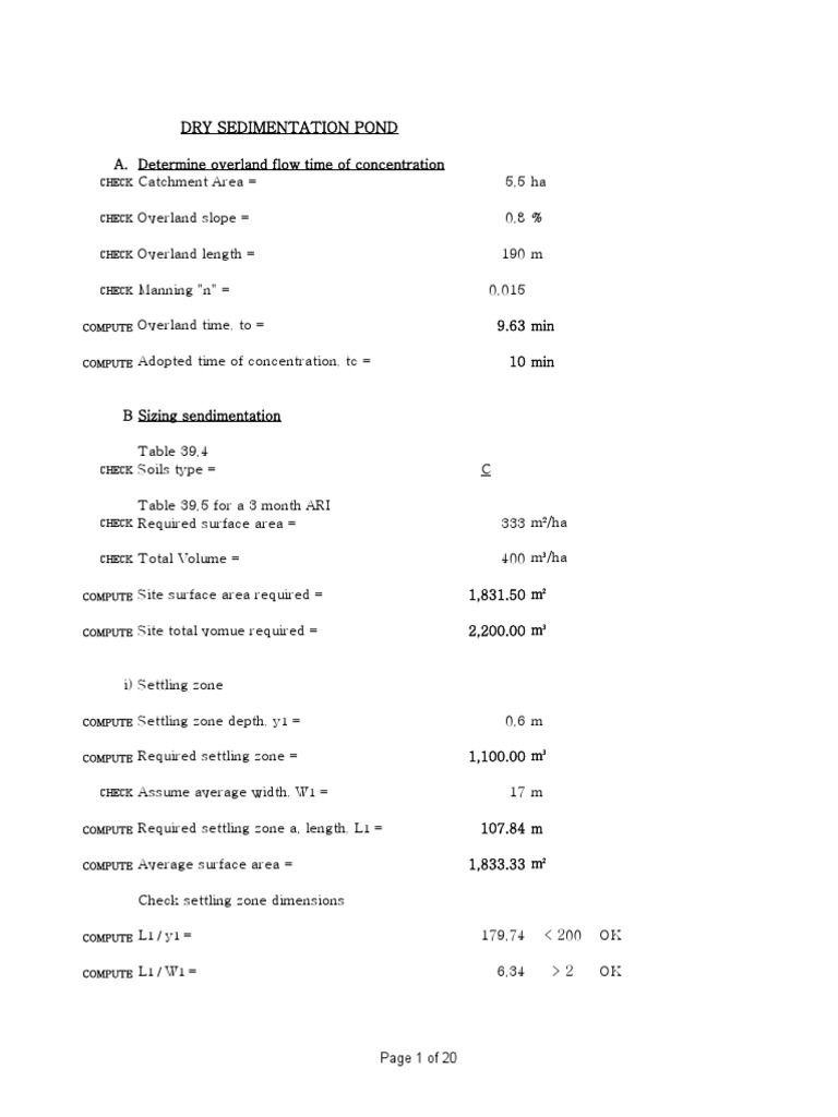 Sedimentation Pond Design Calculations | PDF | Drainage Basin | Spillway