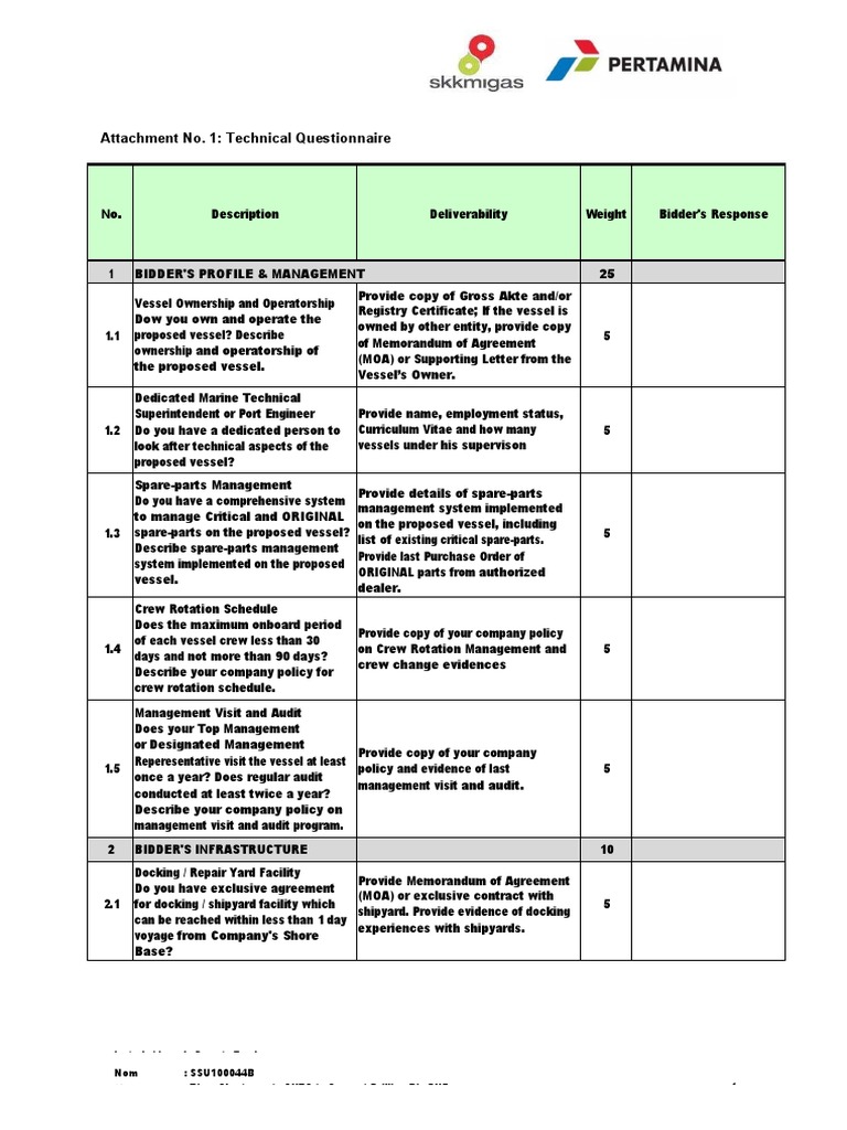 Attachment No. 1: Technical Questionnaire: PHE Onwj | PDF