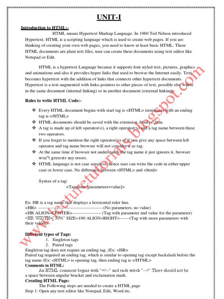 Unit-I: Introduction To HTML | Download Free PDF | Hyperlink | Html Element