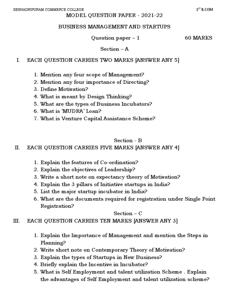 Bms Model Question Papers 2021-22 | PDF | Business | Economies