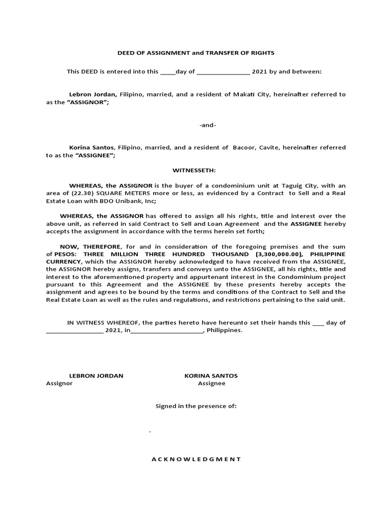 Deed of Assignment | PDF | Assignment (Law) | Deed