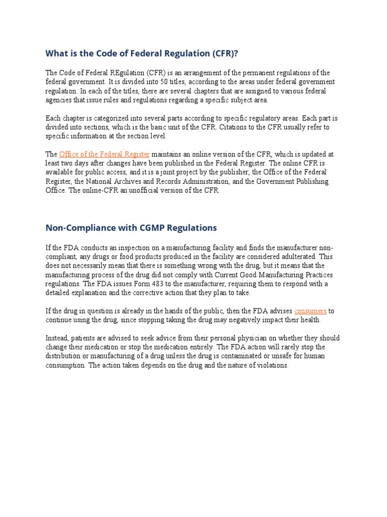 What Is The Code of Federal Regulation (CFR) ? | PDF | Food And Drug ...