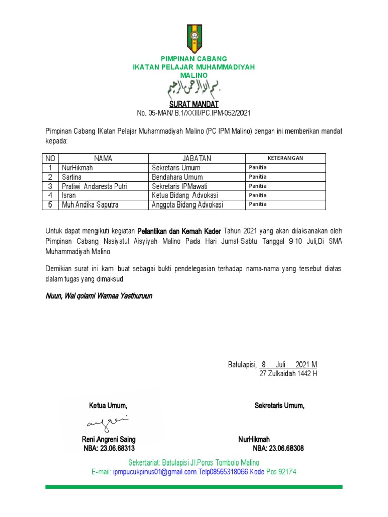 Mandat Pelantikan IPM Malino 2021 | PDF