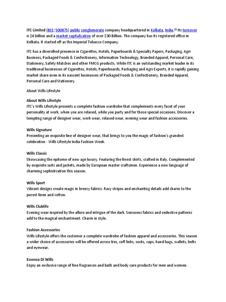 ITC Limited: Overview of Wills Lifestyle | PDF | Business | Retail