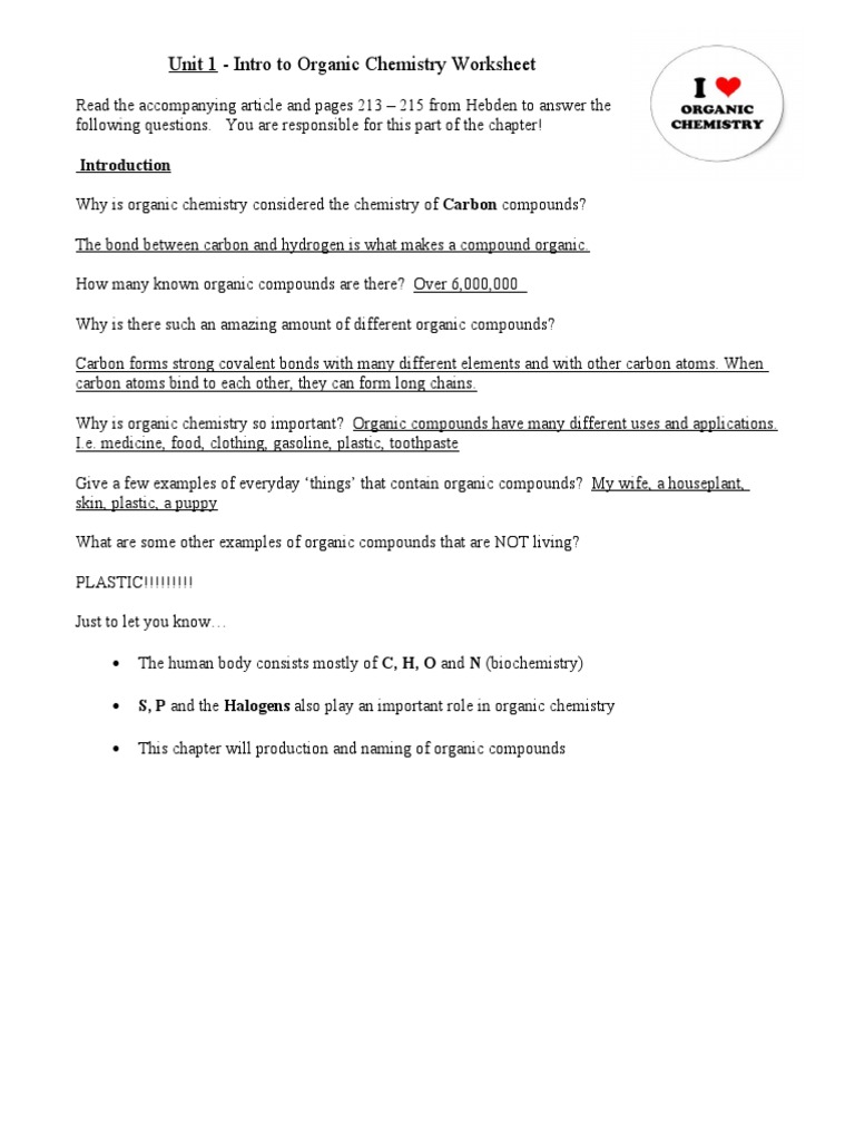 Unit 1 - Intro To Organic Chemistry Worksheet | PDF