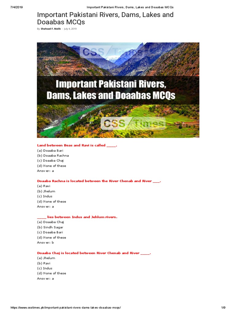 Important Pakistani Rivers, Dams, Lakes and Doaabas MCQs | PDF | Indus ...