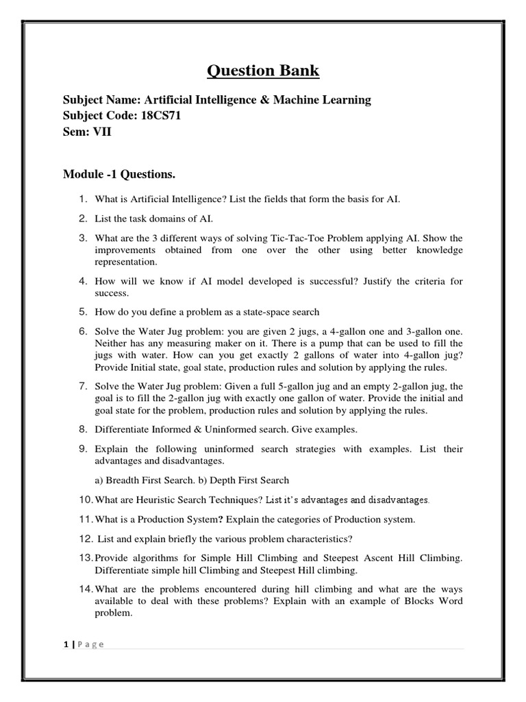 Question Bank: Subject Name: Artificial Intelligence & Machine Learning ...