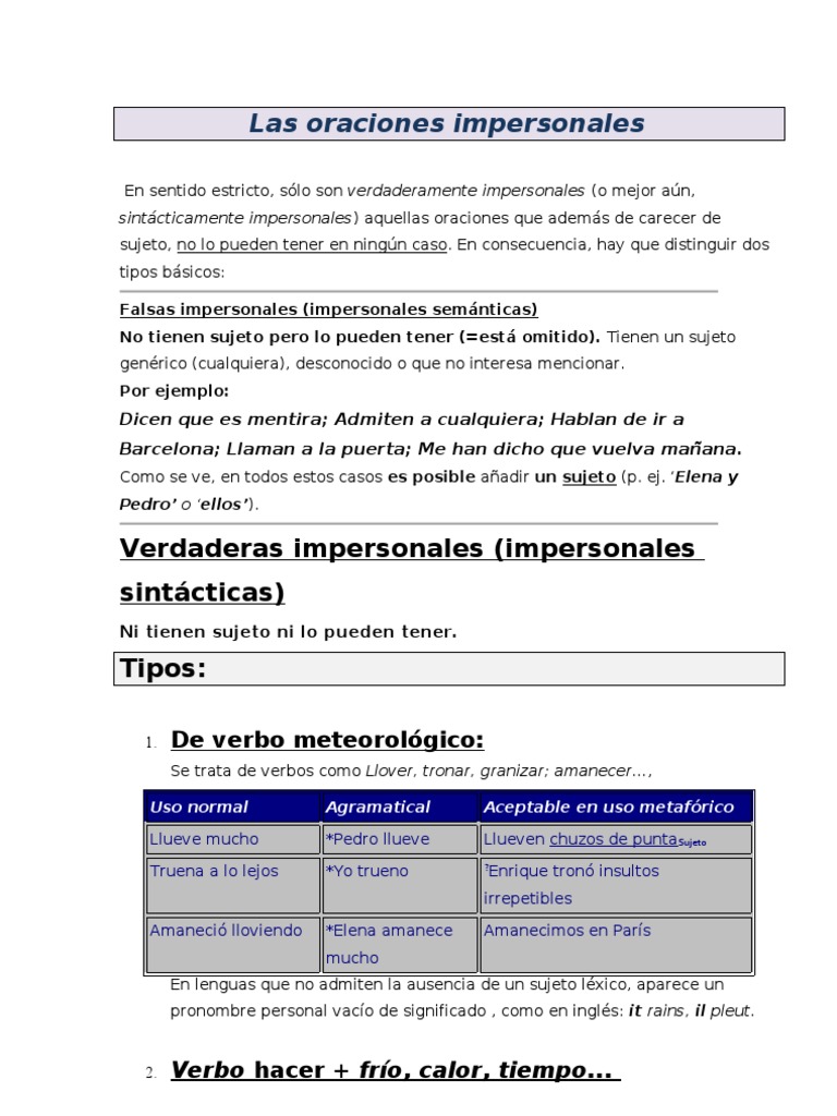 Oraciones Impersonales | PDF | Asunto (gramática) | Verbo