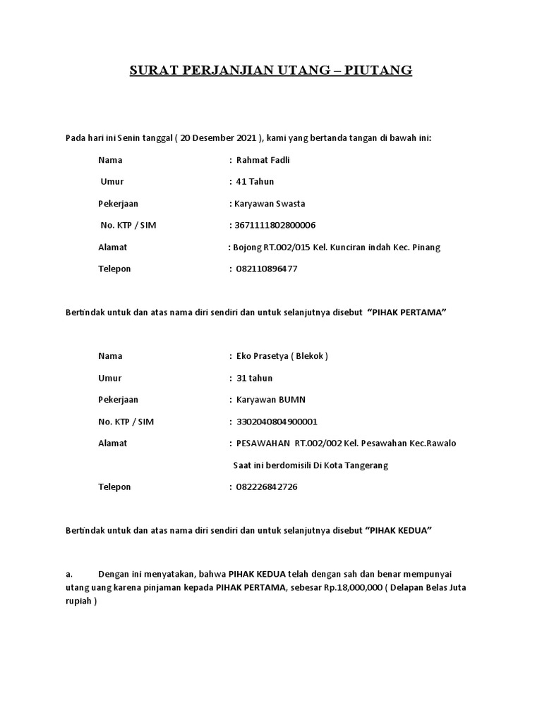 Surat Perjanjian Utang | PDF