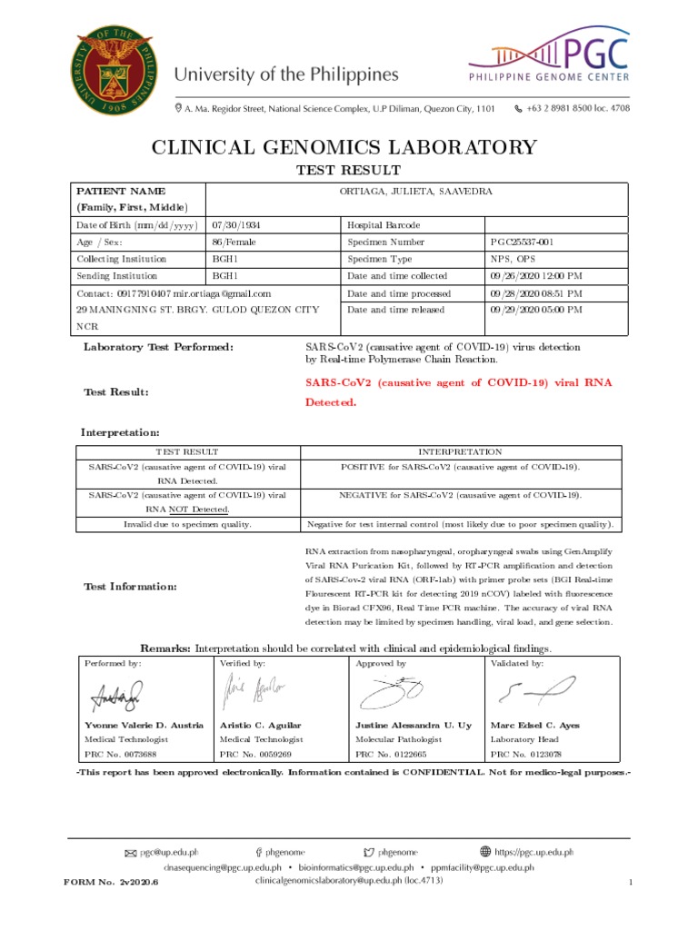 Clinical Genomics Laboratory: Test Result | PDF | Reverse Transcription ...