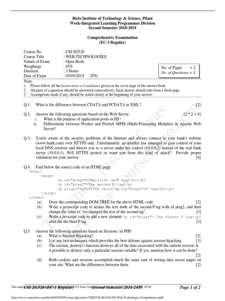 Analysis of Web Technologies Comprehensive Examination Questions ...