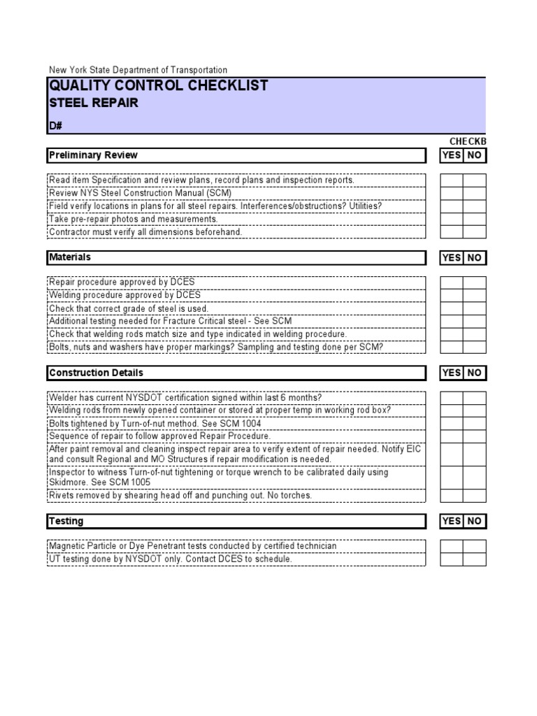 Quality Control Checklist: Steel Repair | PDF