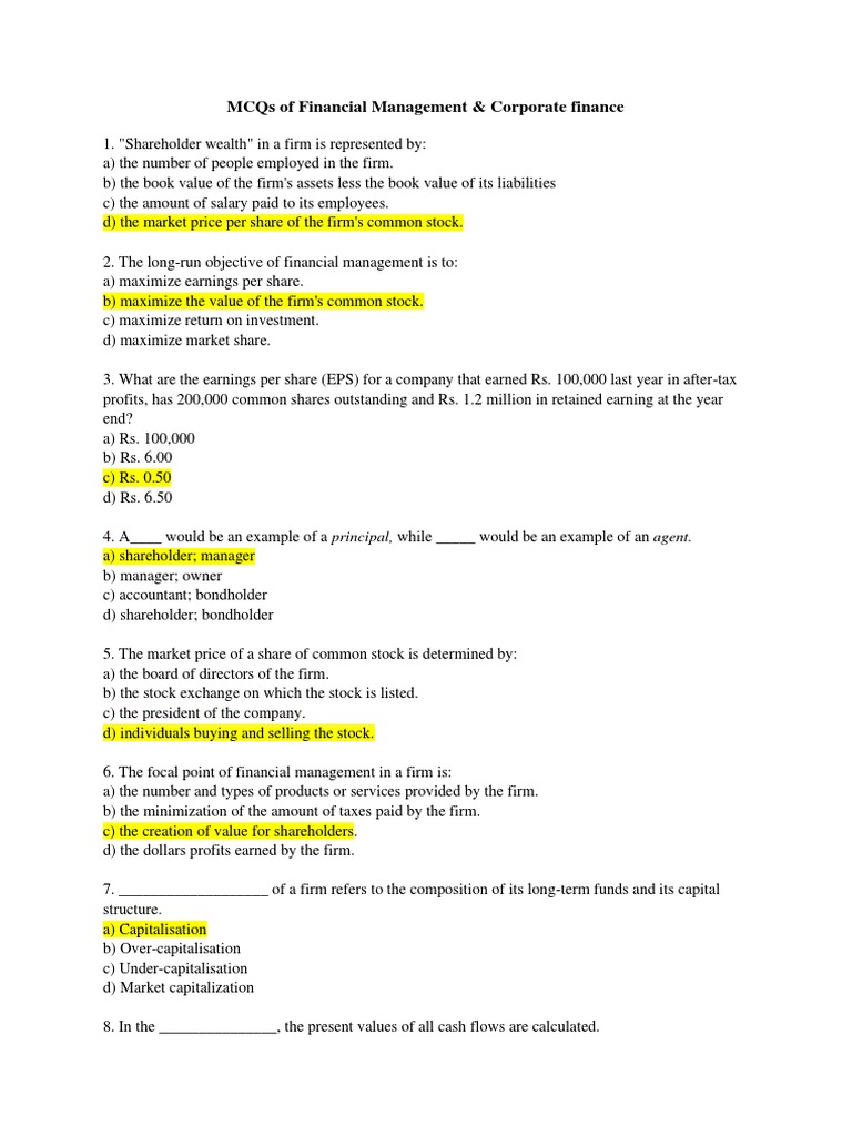 Question Bank-MCQ FM&CF (KMBN, KMBA 204) | PDF | Dividend | Capital ...