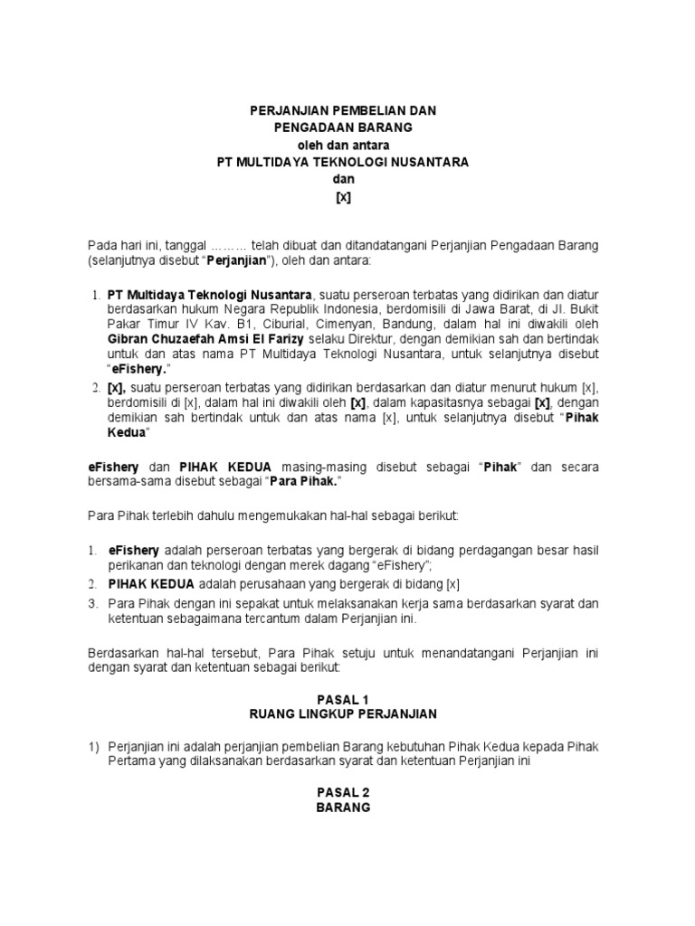 (DRAFT) PERJANJIAN PEMBELIAN (Efishery As Seller) | PDF | Bisnis ...