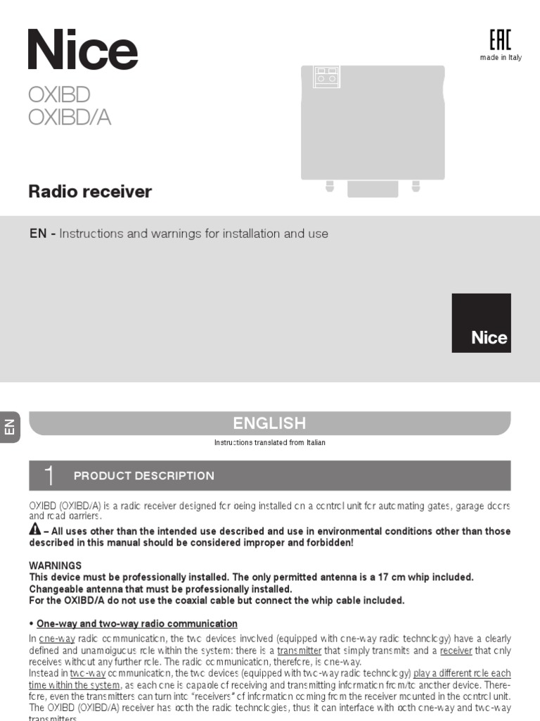 Manual de Utilizare Receptor Nice OXIBD 4 Canale 433.92 MHZ | PDF | Radio | Waste Management